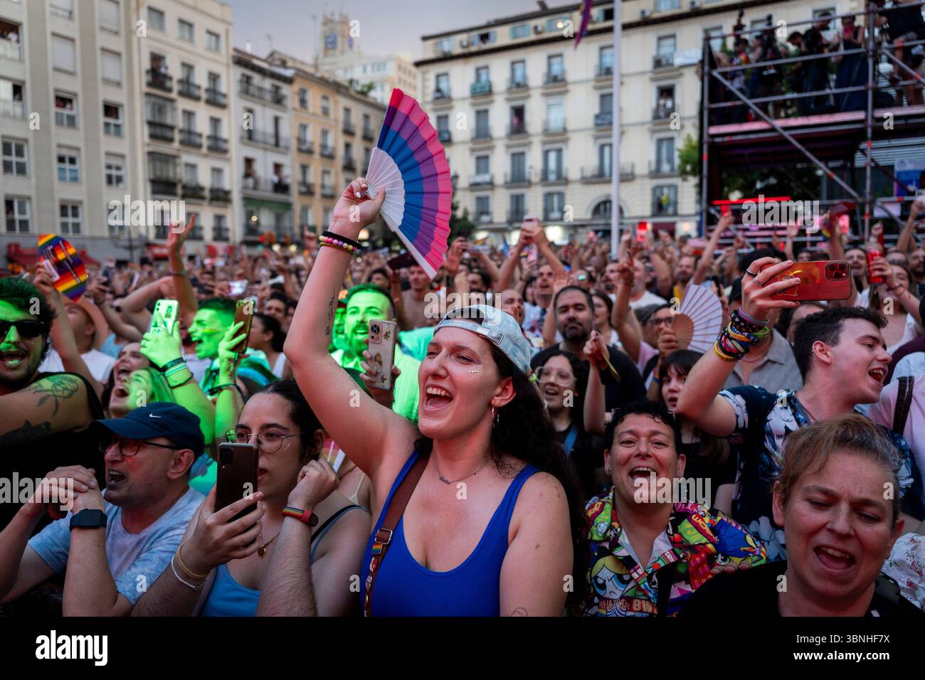 The public cheers during the MADO Pride opening speech at Plaza Pedro Zerolo on July 2, 2025 in ...