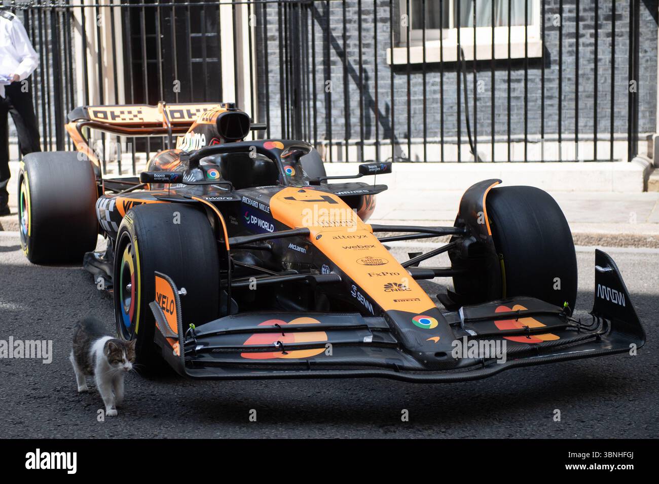 London, UK. 02 Jul 2025. Pictured: Larry The Cat inspects a McLaren ...