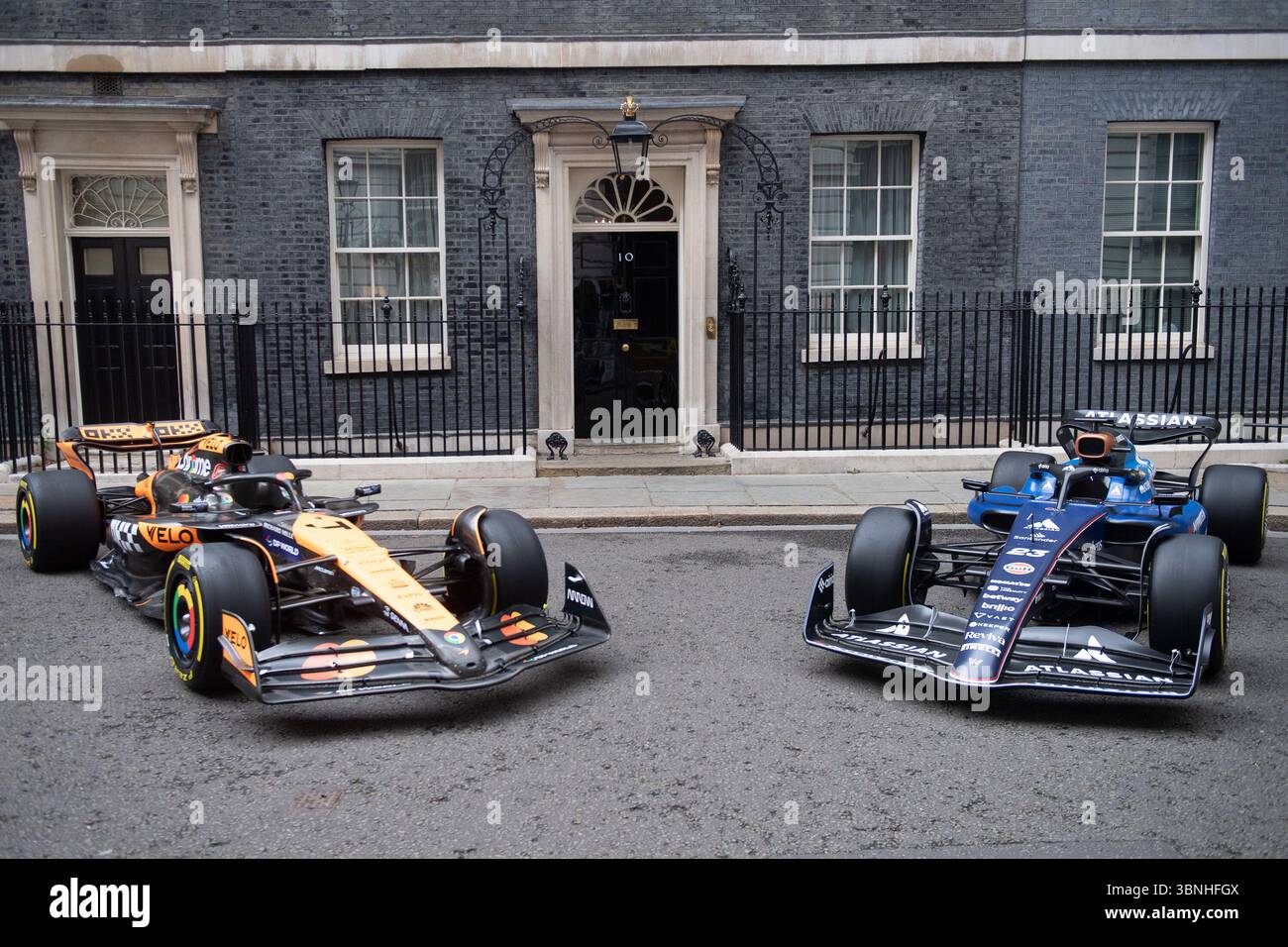 London, UK. 02 Jul 2025. Pictured: (L) - a McLaren MCL38 2024 Formula 1 ...