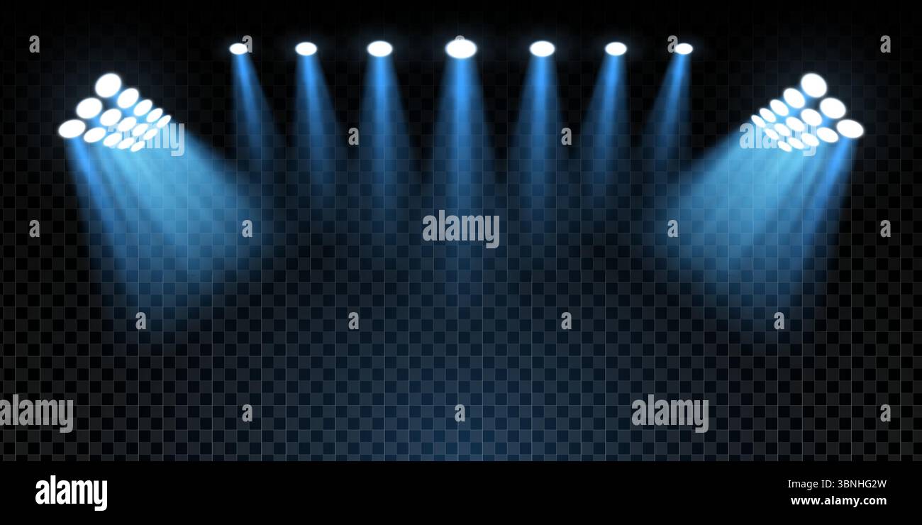 3D stadium scene with illuminated football pitch, bright LED spotlights ...