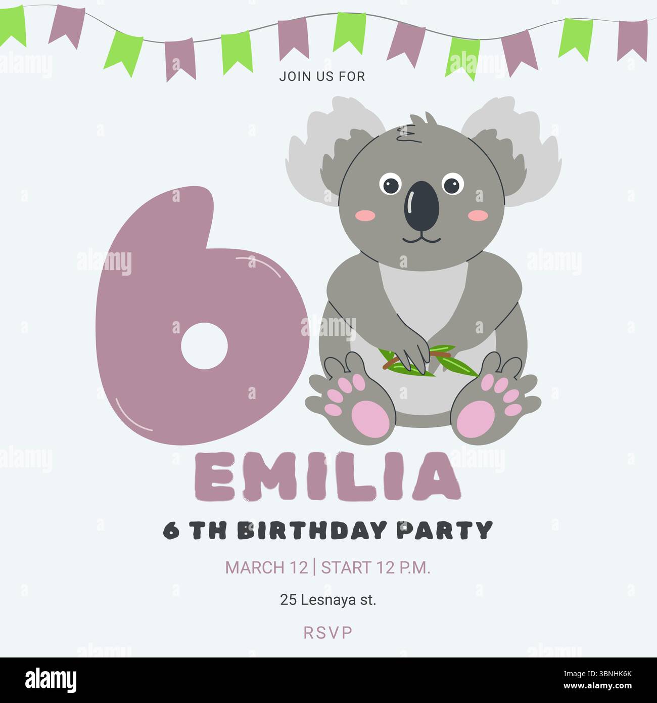 Invitation childrens birthday party with cute koala and number ...