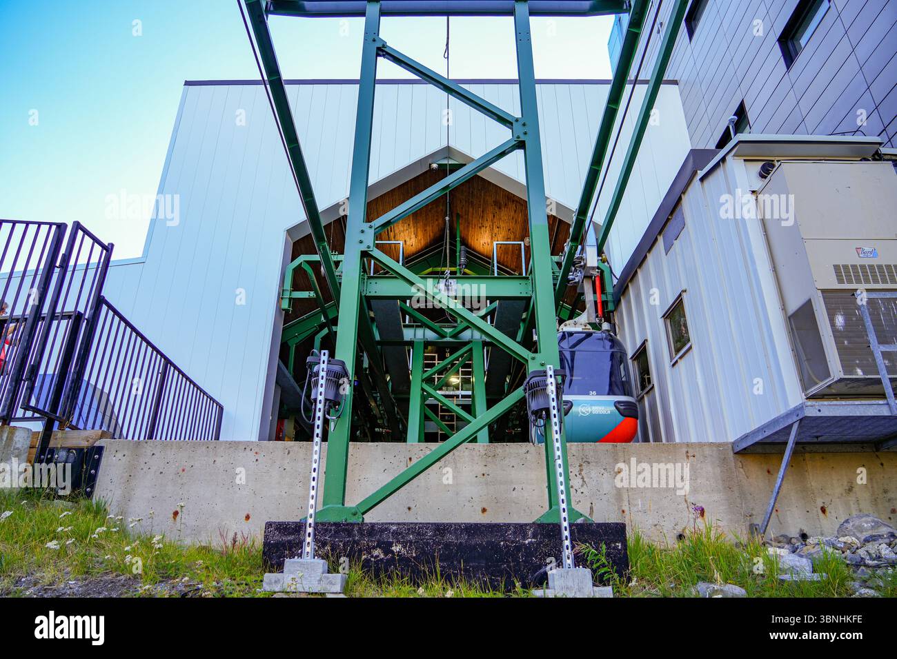 Gondola of the Banff cable car entering its upper station at the top of ...