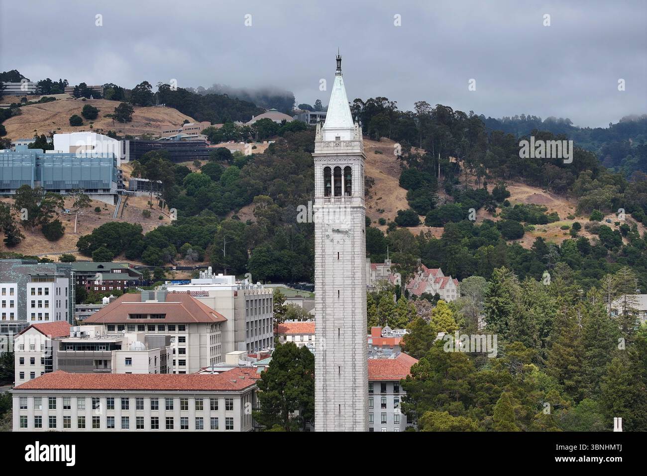 A general overall aerial view of Sather Tower on the campus of ...