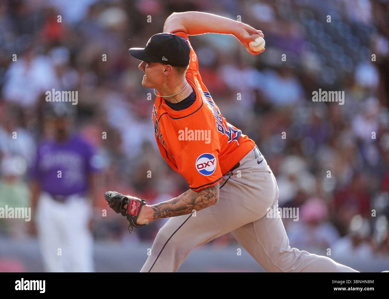 Houston Astros starting pitcher Hunter Brown works against the Colorado ...