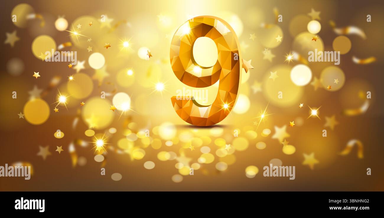 Golden number 9 with a faceted, gem-like appearance, set against a warm ...