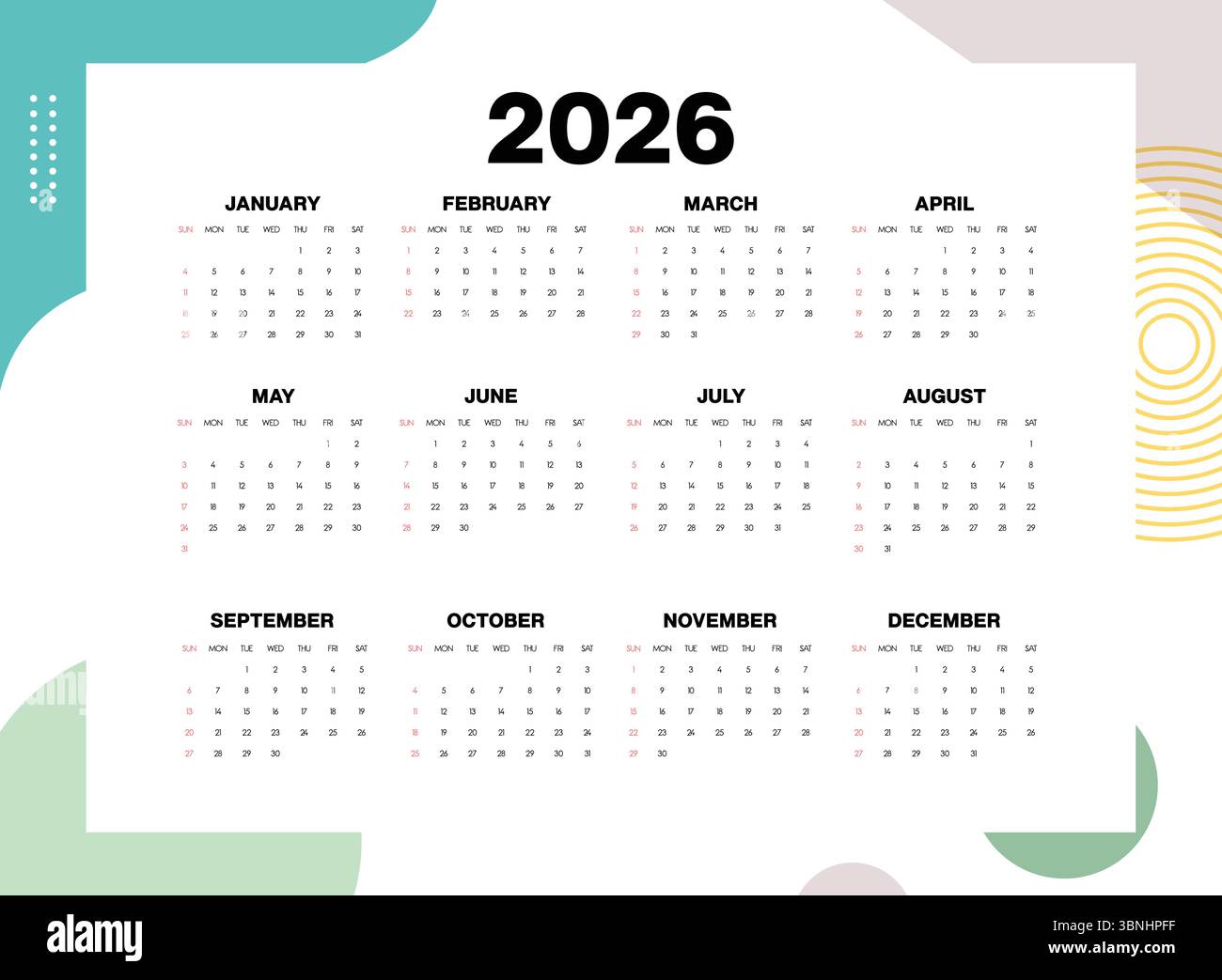 2026 calendar template clipart design. 12 months calendar lay out of 2026 in simple minimal ...