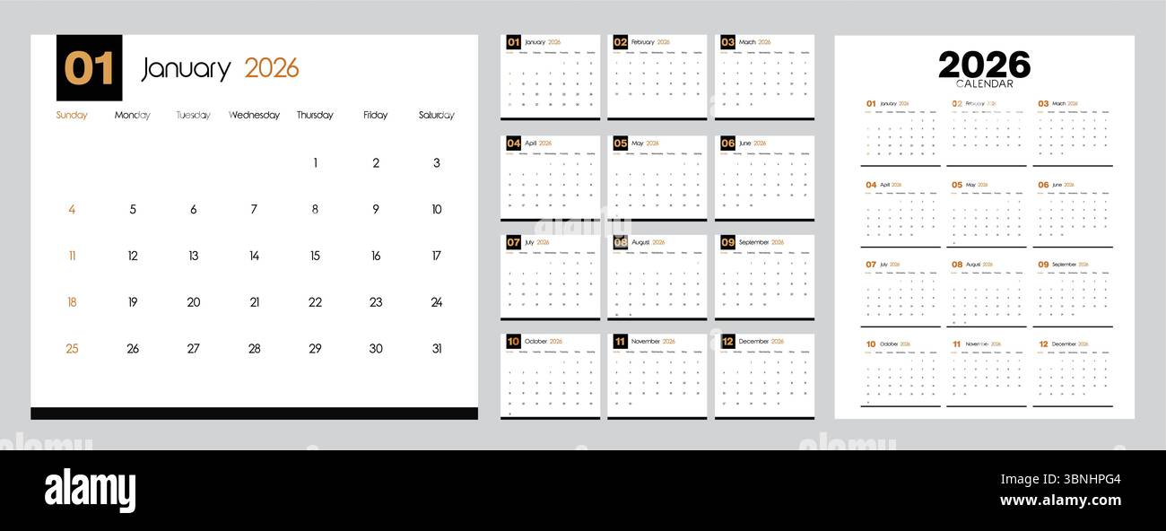 2026 calendar template clipart set. 12 months calendar in minimal lay ...