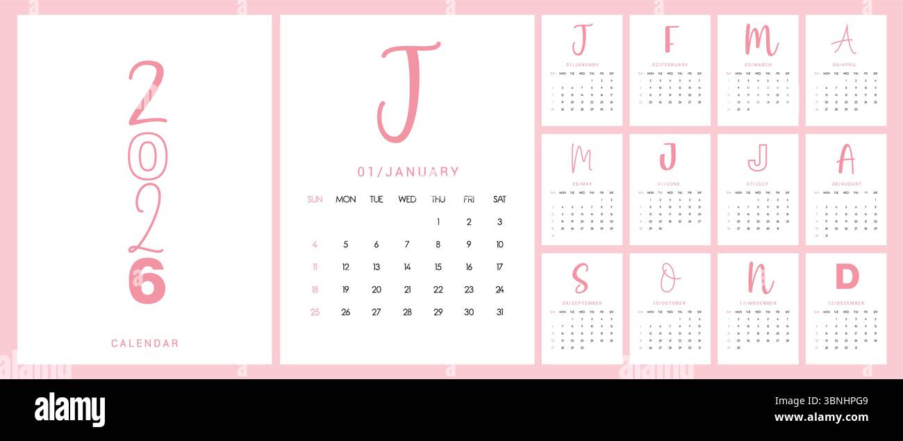 2026 calendar template clipart set design. 12 months of 2026 calendar ...