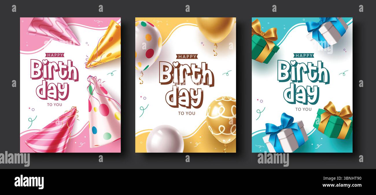 Set of Colorful Birthday Posters clipart with Balloons, Party Hats, and ...