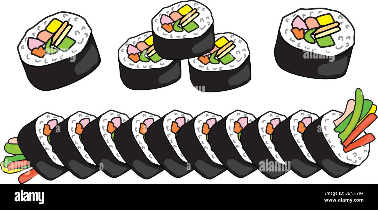 Vector illustration of Korean kimbap, a seaweed rice roll filled with ...