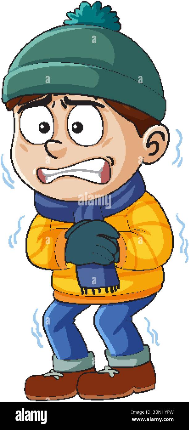 Cartoon boy shivering in winter attire, showcasing cold weather. Bright ...