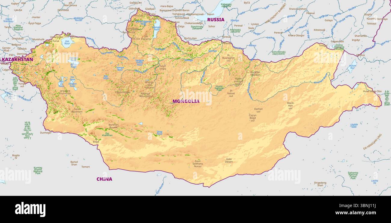 Detailed physical map of Mongolia Stock Vector Image & Art - Alamy