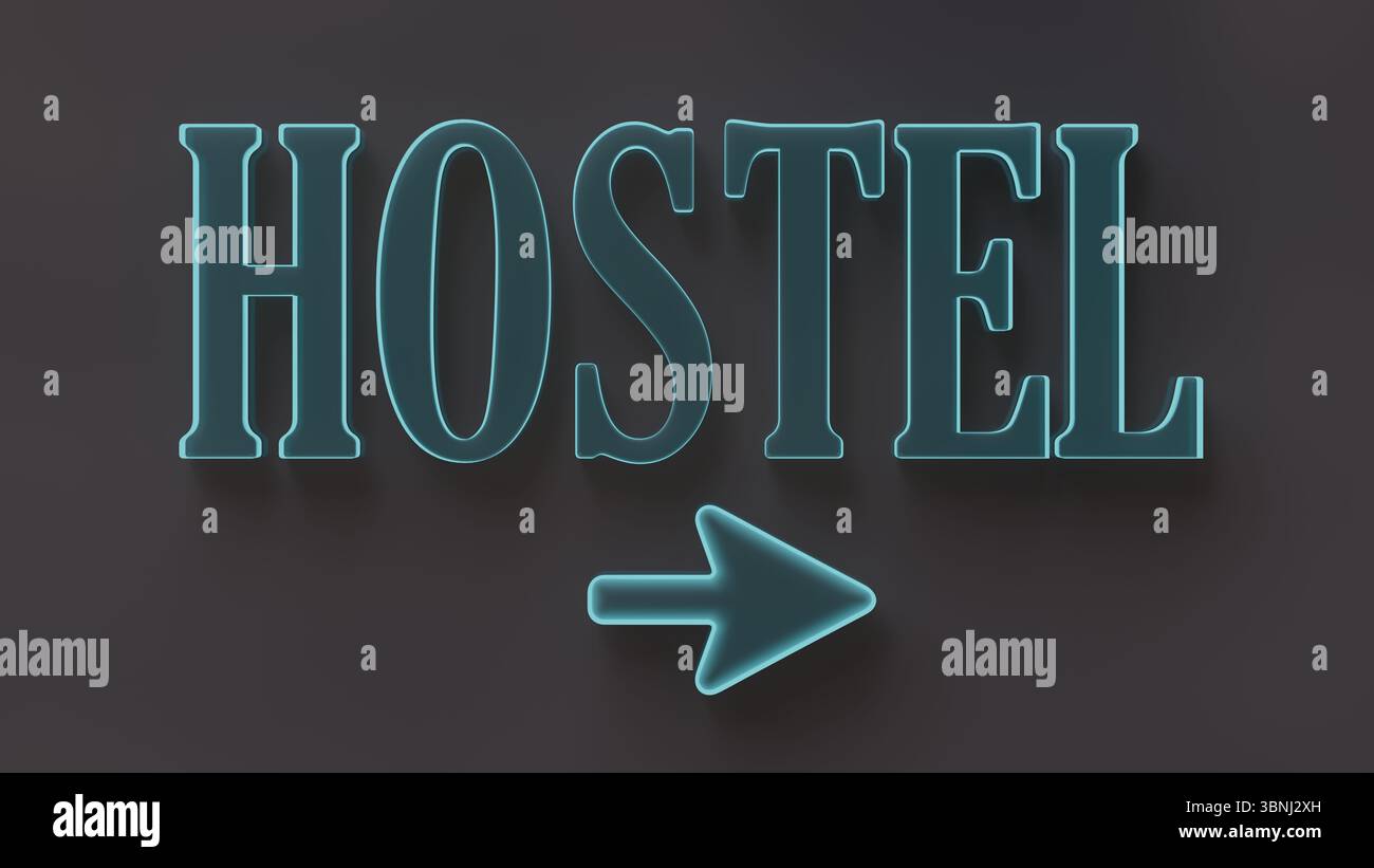HOSTEL sign, neon light text and direction arrow isolated on black ...