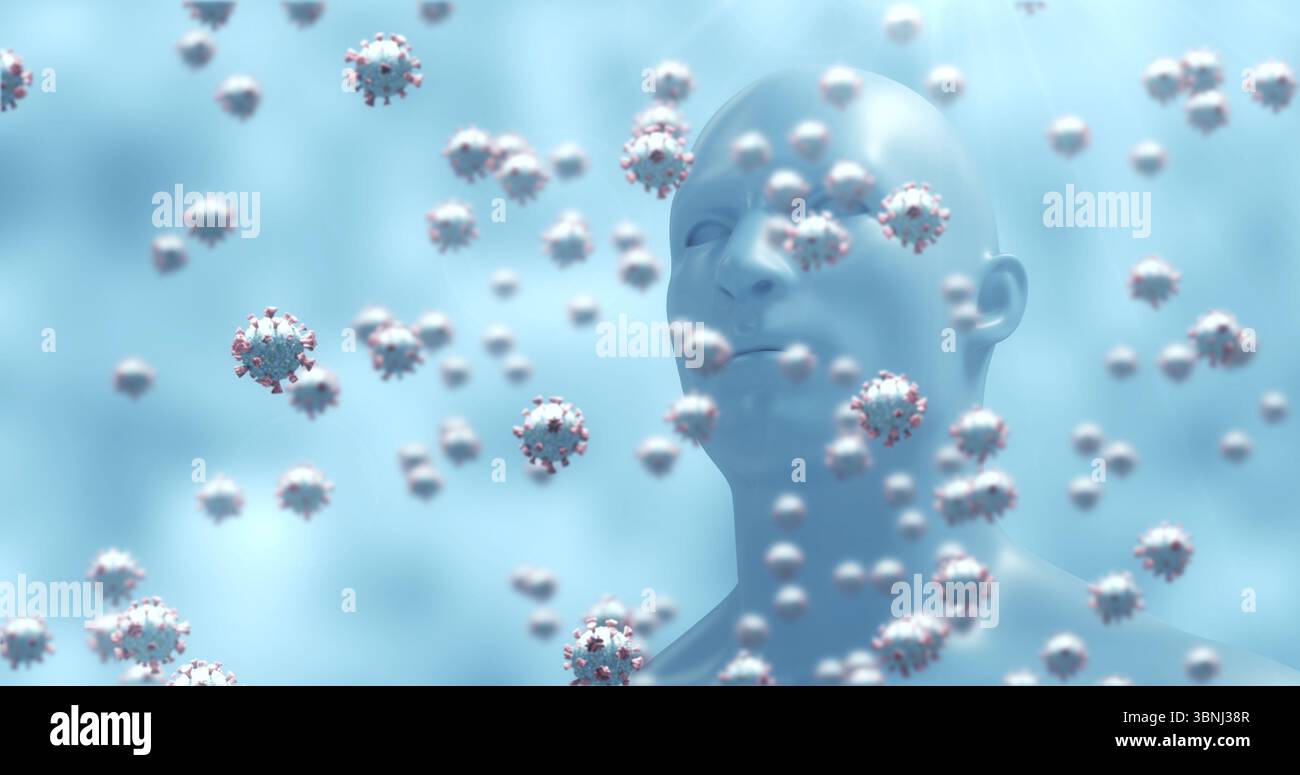 Covid-19 cells against human head model Stock Photo - Alamy