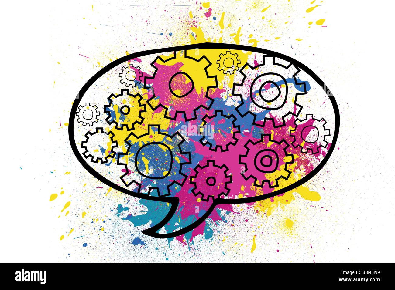 Flat graphic is showing black-outlined speech bubble filled with CMY ...