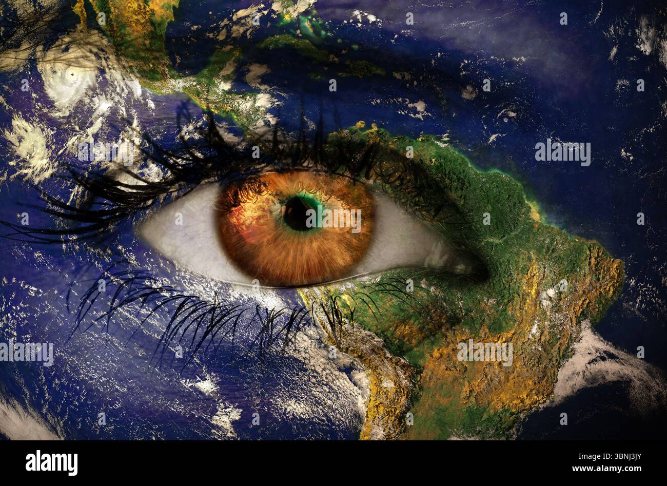 Eyelashes are casting shadows on satellite Earth map in surreal digital ...