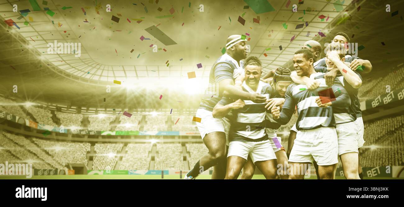 Composite of excited multiracial male players embracing each other ...