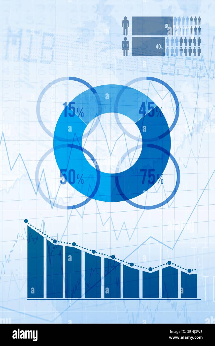 Flat design data dashboard showing four-segment donut chart and bar ...