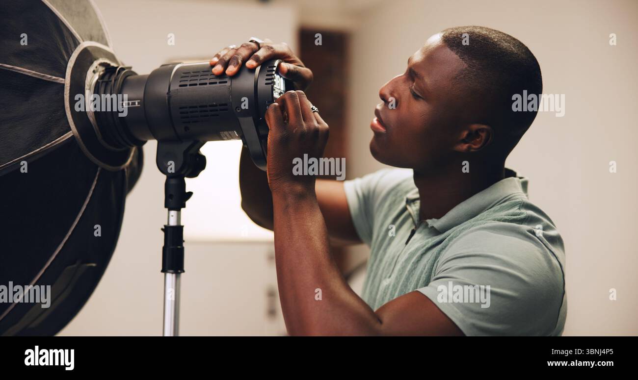 Photography, man or lighting setup in studio for photoshoot preparation ...