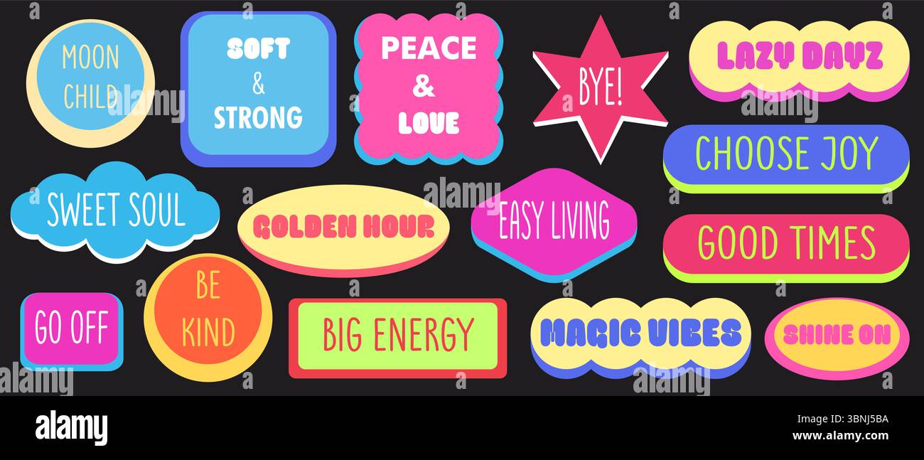 Colorful y2k sticker shapes collection with retro phrases bubble ...