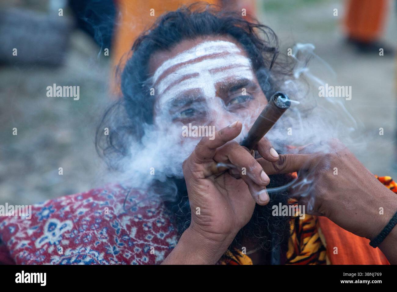 A Sadhu or Hindu holy man smokes during the annual pilgrimage to the ...