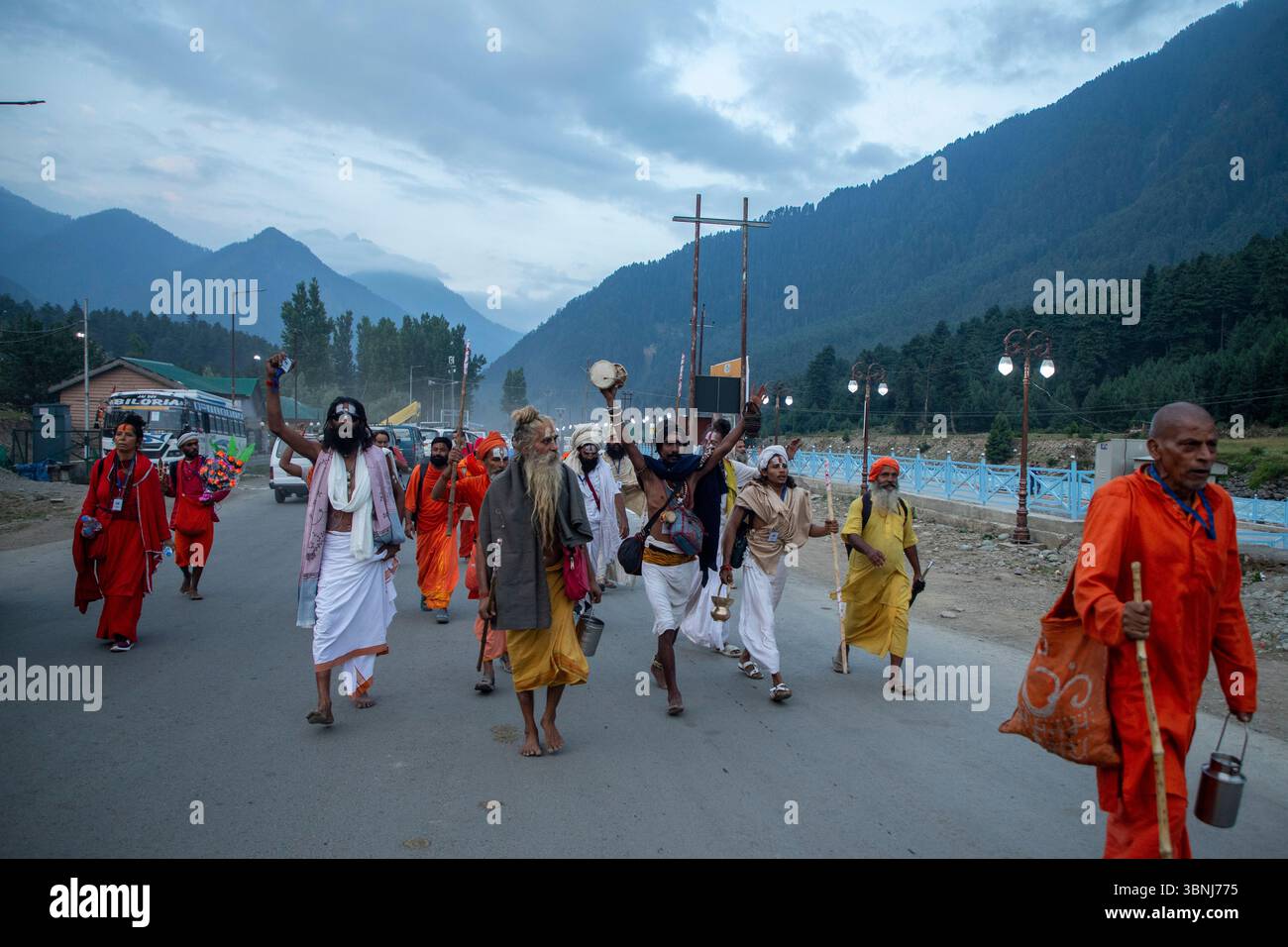 Hindu pilgrims walk along a road during the annual pilgrimage to the ...
