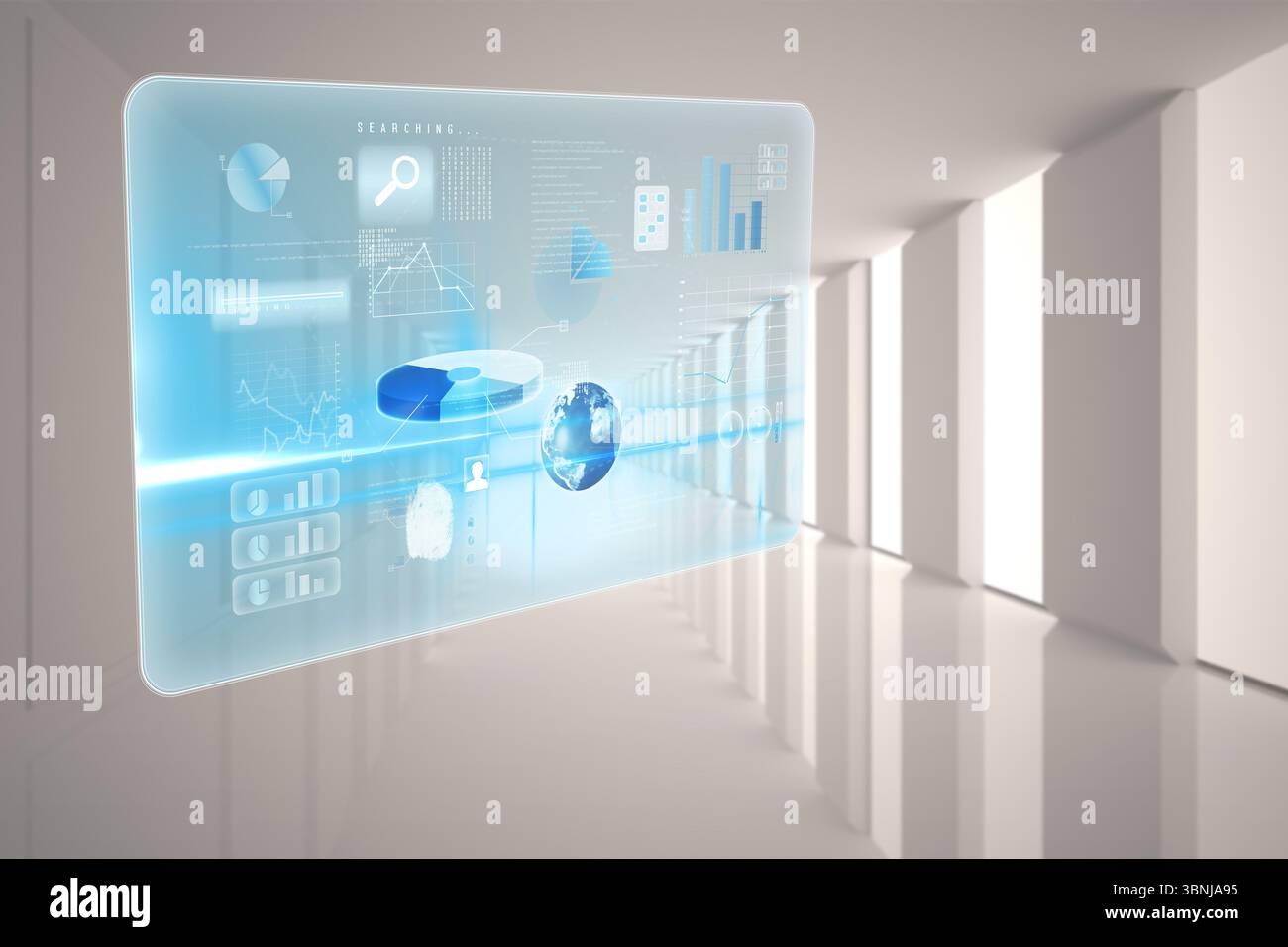 3D holographic interface is floating in high-tech hall displaying ...