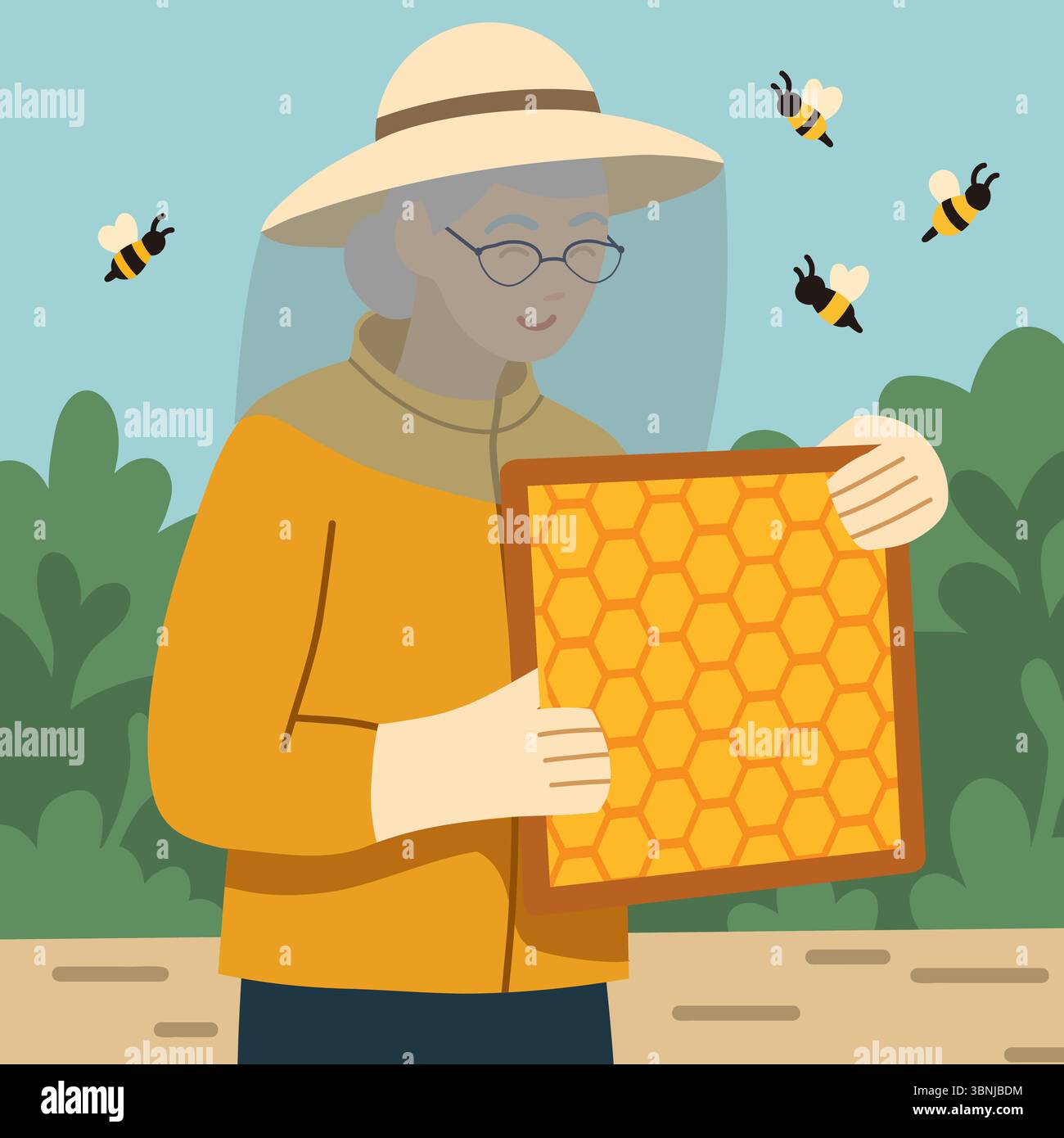 Vector trendy illustration of an old woman beekeeper with a frame with ...