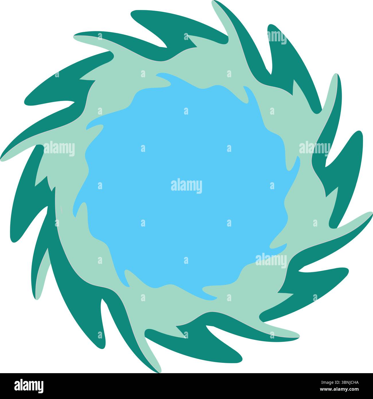 A dynamic circular design with spiky, fluid teal and blue shapes ...