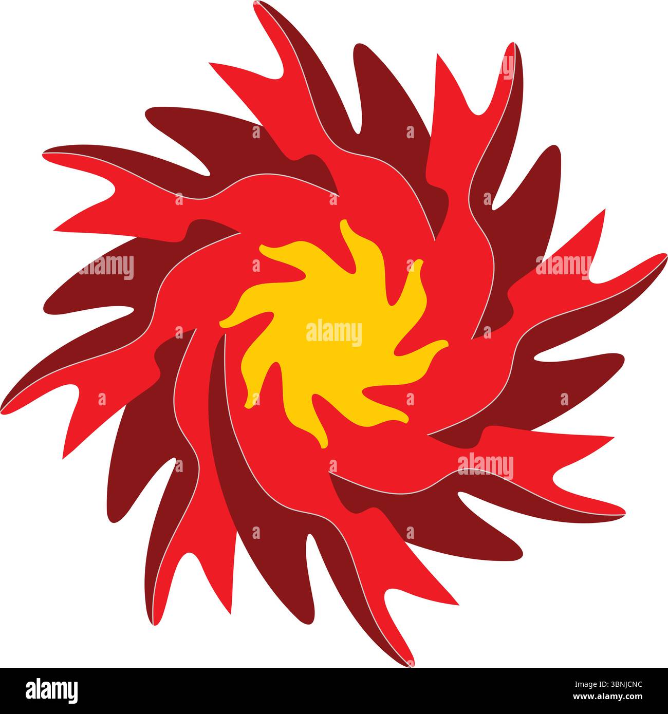 A swirling circular design with layered red and yellow flame-like ...
