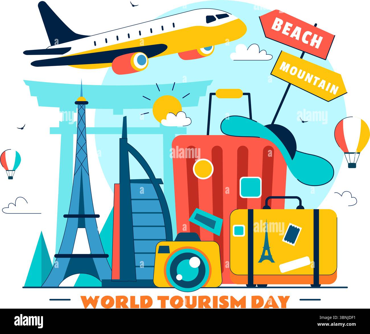 World Tourism Day Vector Illustration featuring a Globe, Famous ...