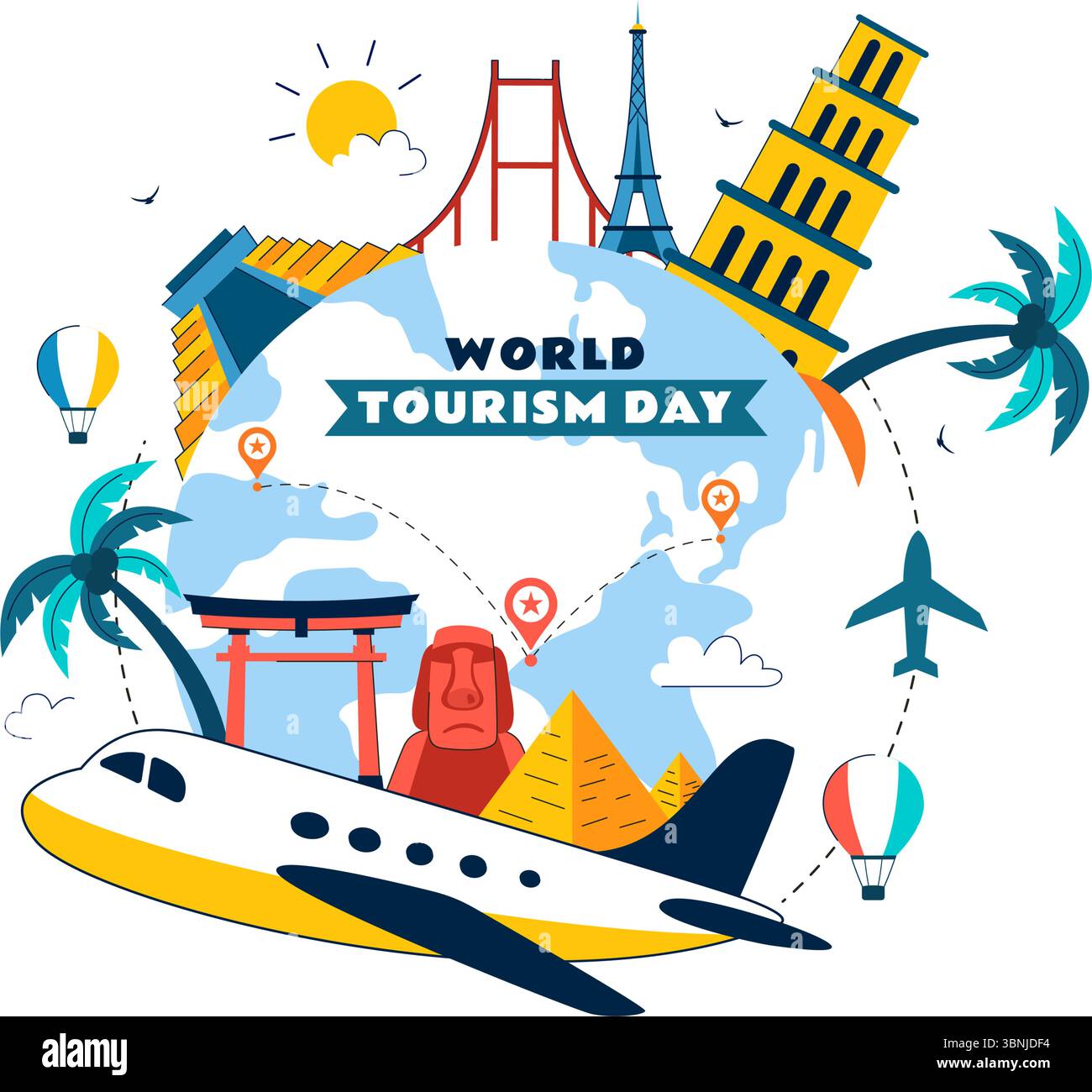 World Tourism Day Vector Illustration featuring a Globe, Famous ...