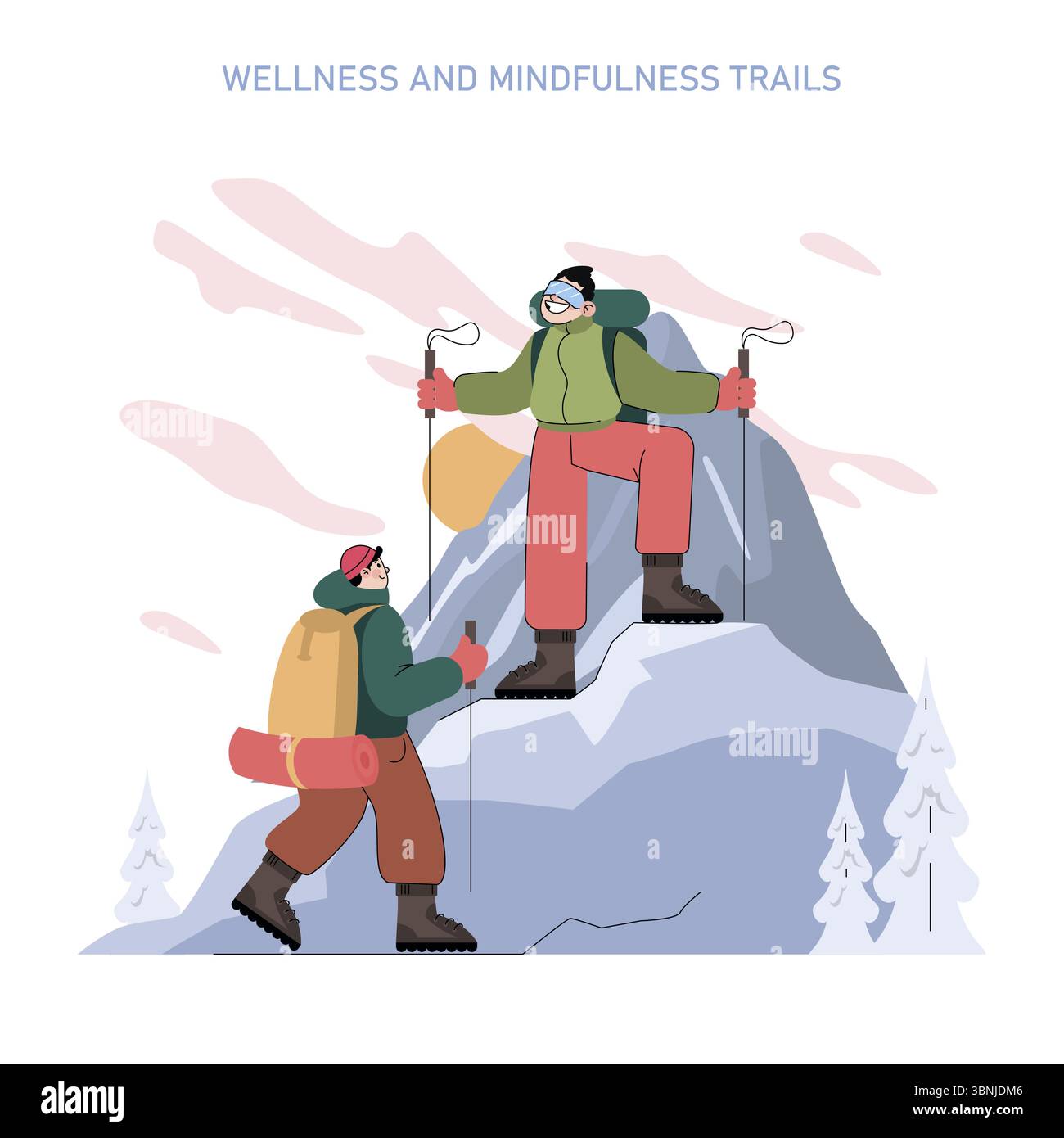 Mountain Tourism concept. Adventurers explore snow-capped peaks ...