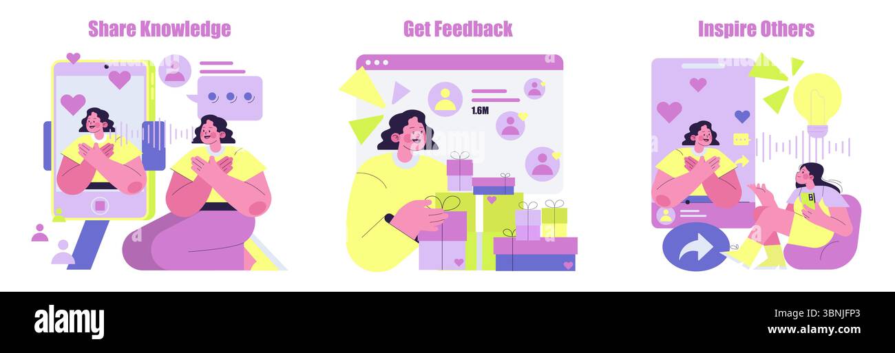 "Vector illustration of teamwork in knowledge sharing, receiving feedback, and inspiring others ...