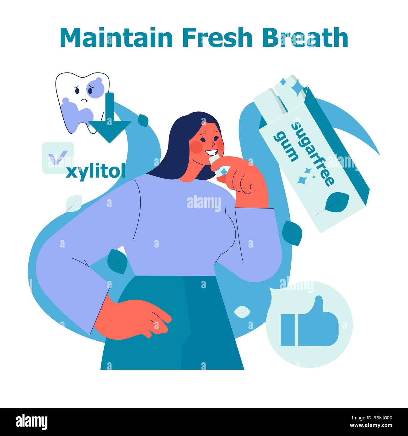 Vector illustration showing a woman chewing sugar-free gum to maintain ...