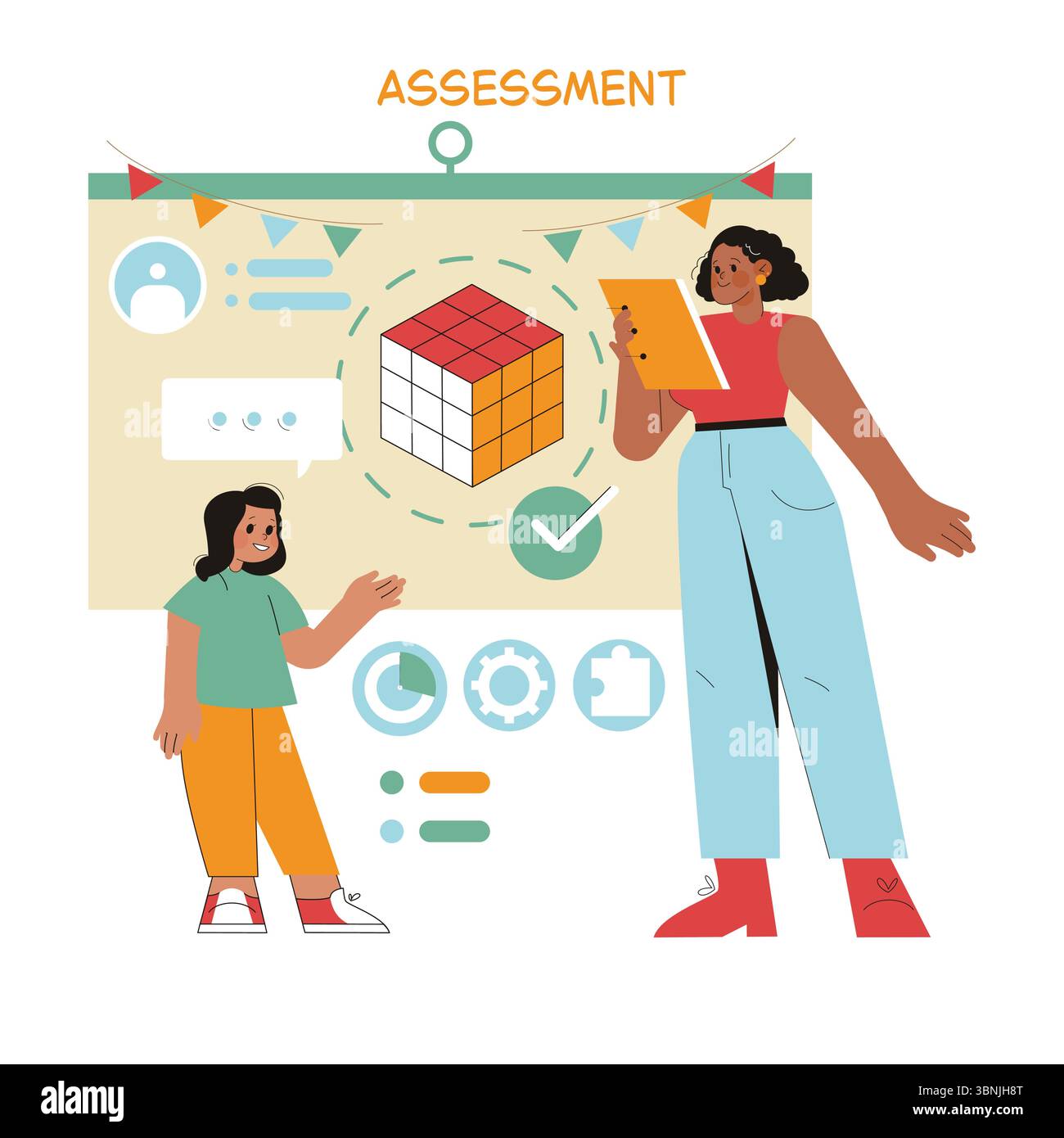 Preschool education assessment concept. Teachers evaluate children's learning and problem ...