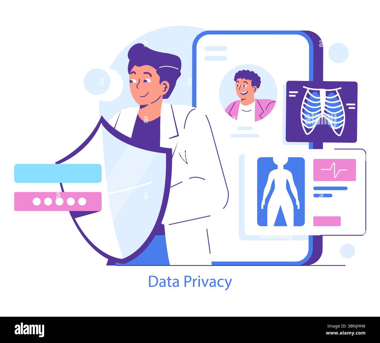 Vector illustration depicting data privacy in healthcare with a professional holding a shield ...