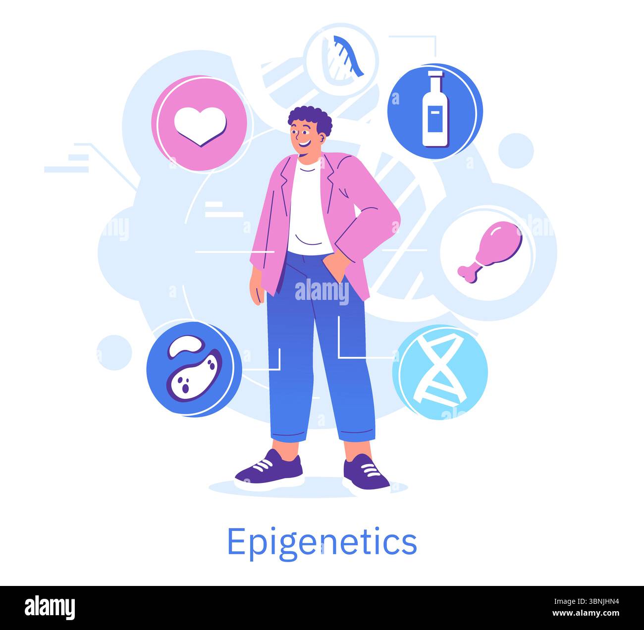 Vector illustration of a person surrounded by symbols representing lifestyle factors affecting ...