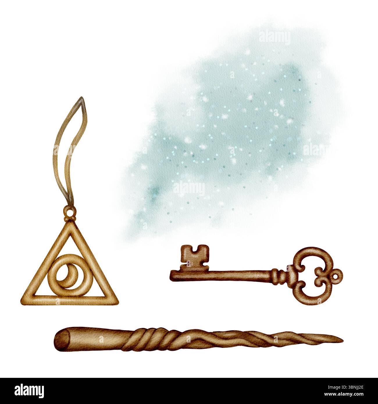 set of Magic wand and vintage key with triangle eye charm. Hand-painted ...