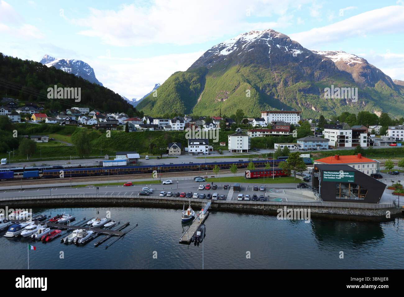 The town of Åndalsnes, located at the mouth of the river Rauma, at the ...