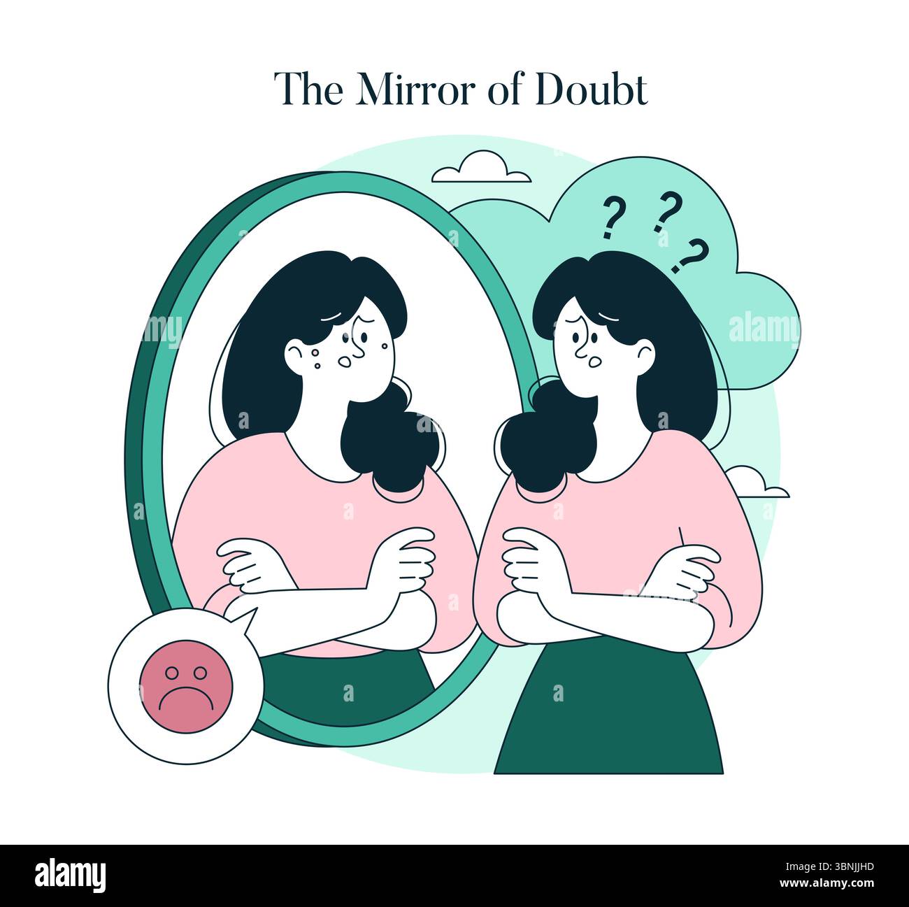 Psychology Of Self Acceptance concept. Woman faces her reflection with ...