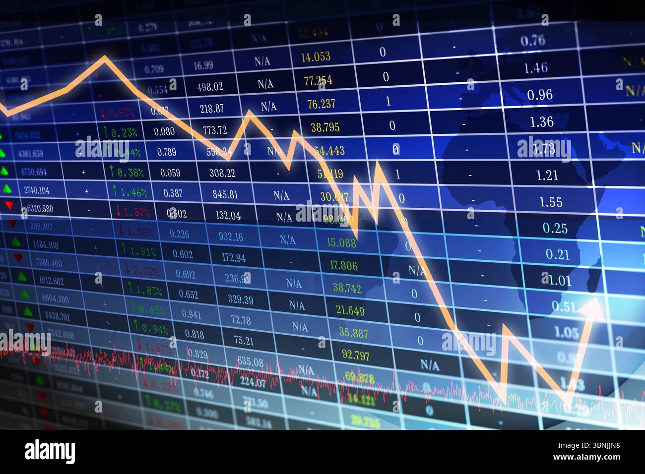 Flat design dashboard is showing grid with arrows, orange zigzag, red trendline and map ...