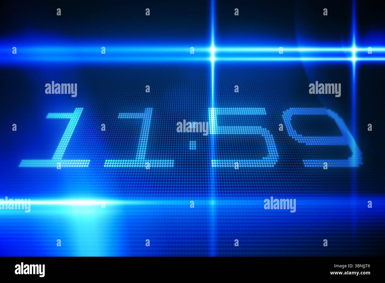 flat vector glowing blue LED grid displaying 11:59 with crossing light ...