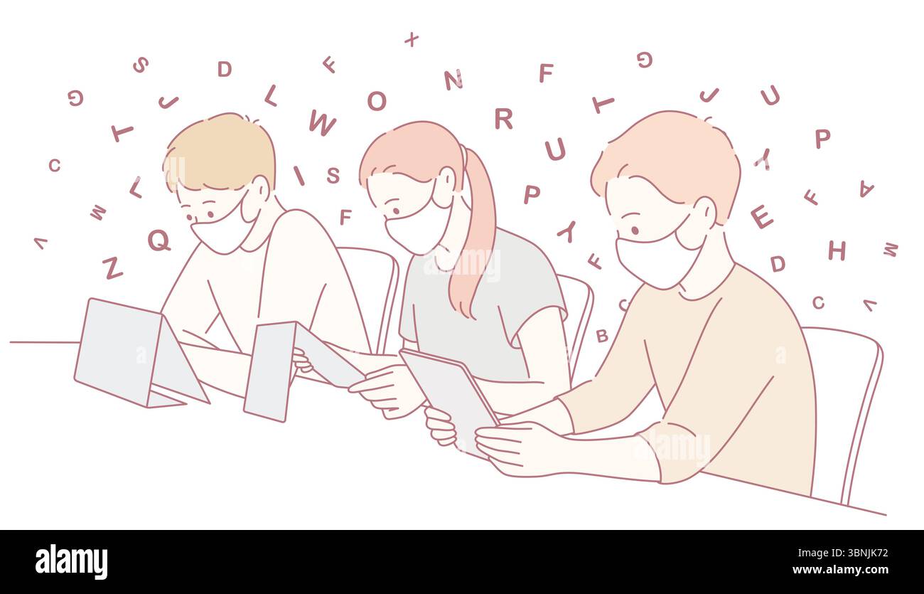 Illustration of diverse students focused on their devices while wearing ...