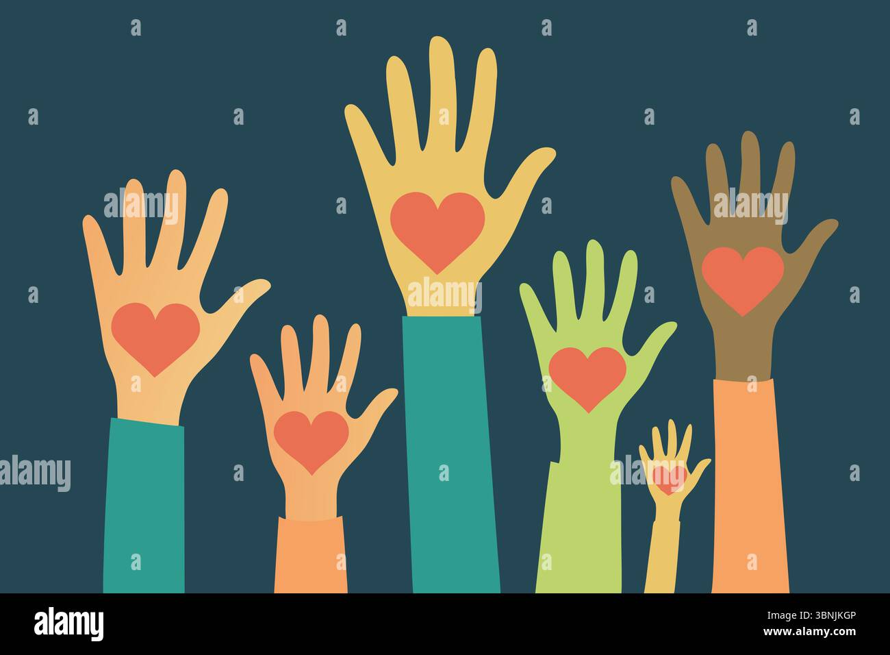 Multiple hands of different skin tones are raised, each palm holding a ...