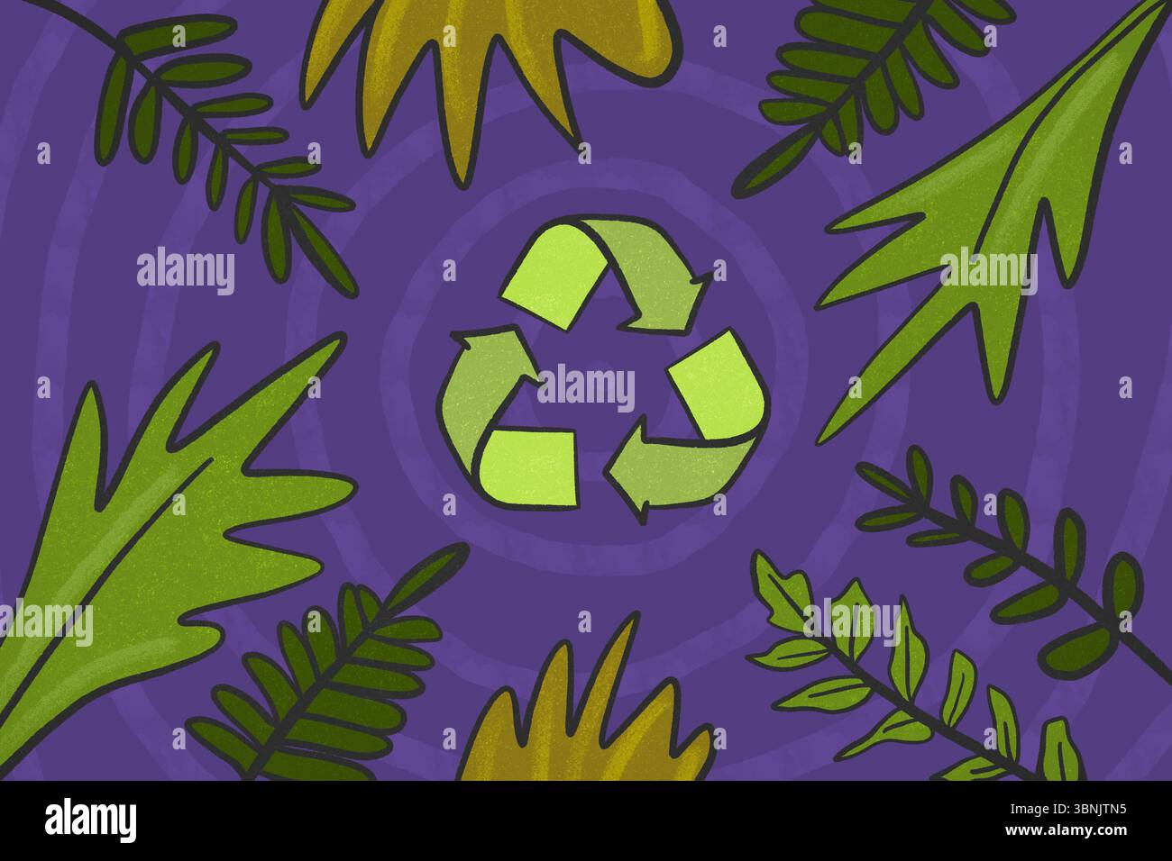 Illustrated design featuring a prominent recycling symbol surrounded by ...