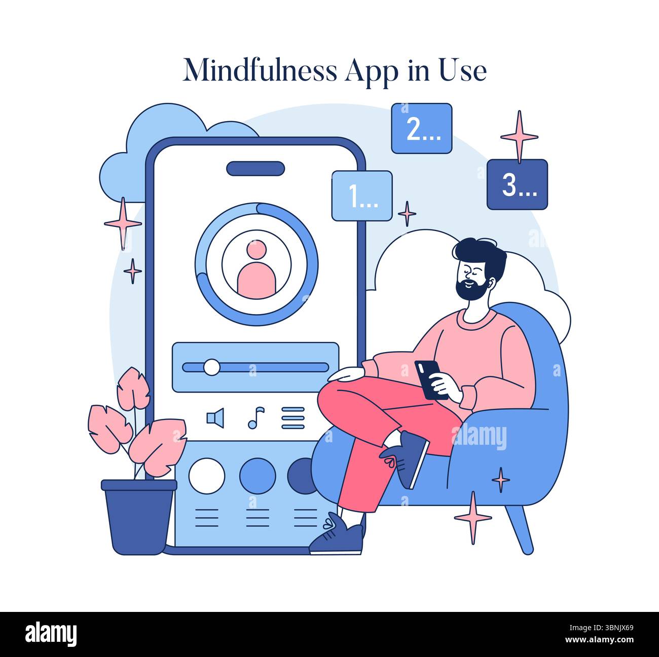 Vector illustration of a person using a mindfulness app on a smartphone ...