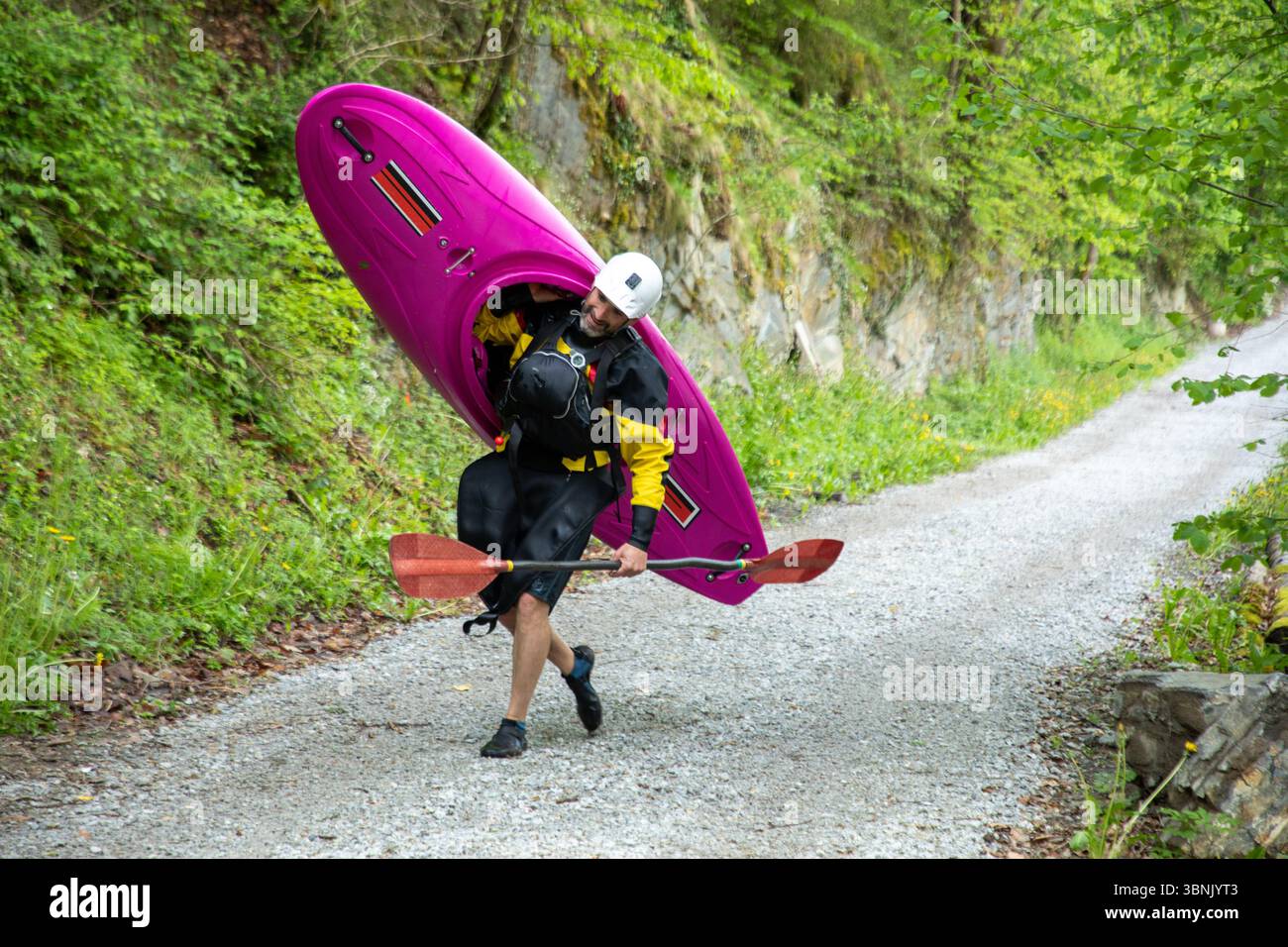 A kayaker in full gear carries a bright pink kayak on his shoulder ...