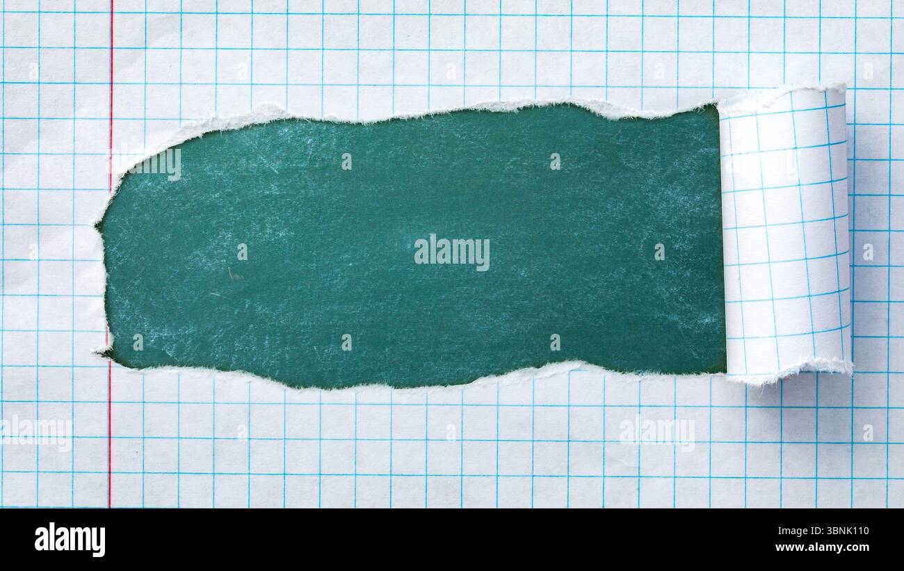 Back to school preparation with torn paper revealing a chalkboard ...