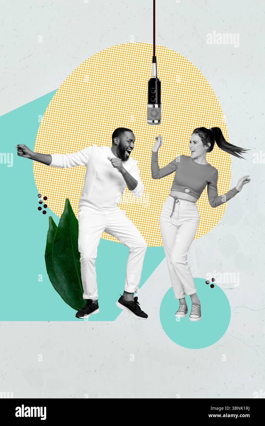 Collage of cheerful people dancing near obsolete retro vinyl expressing ...